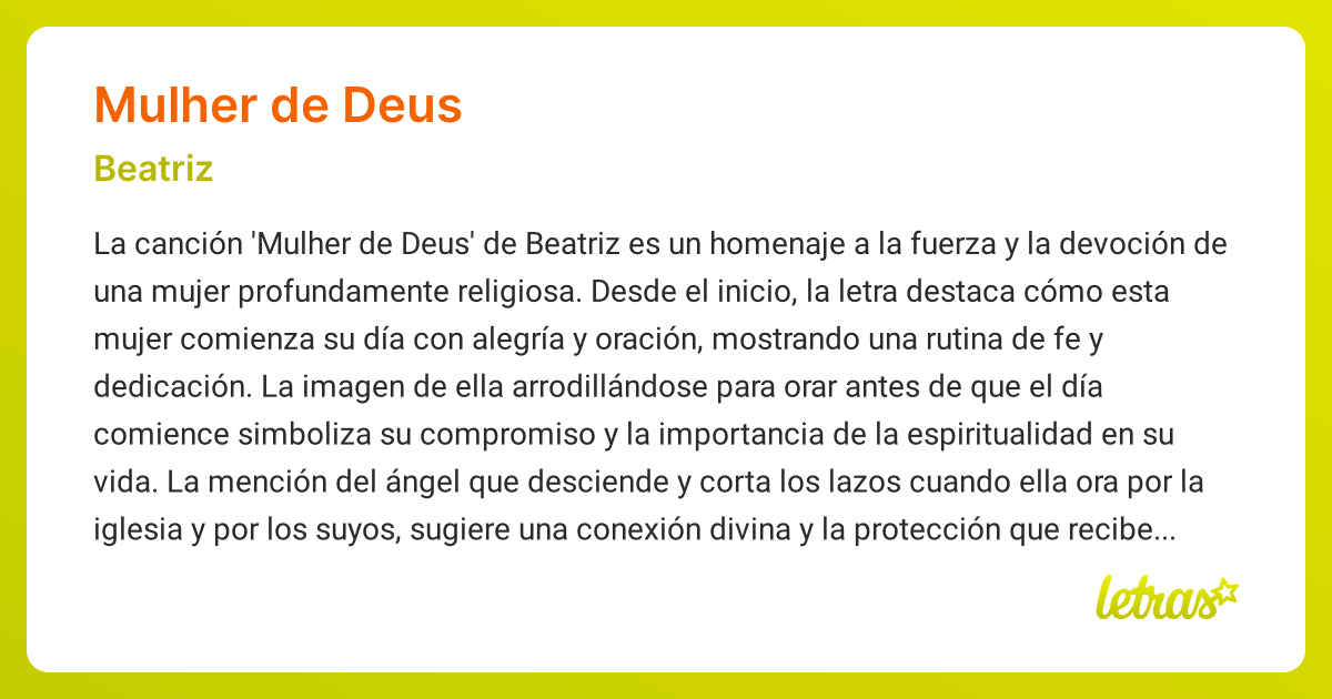 Significado de la canción MULHER DE DEUS (Beatriz) - LETRAS.COM