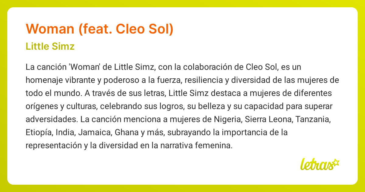Significado de la canción WOMAN (FEAT. CLEO SOL) (Little Simz) - LETRAS.COM