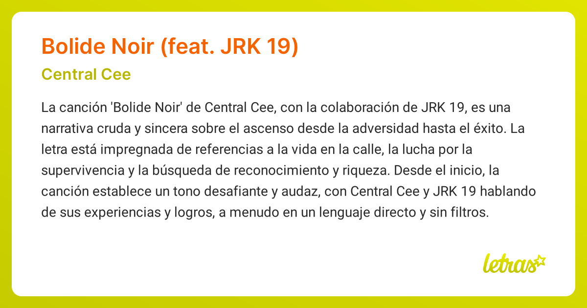 Significado de la canción BOLIDE NOIR (FEAT. JRK 19) (Central Cee ...