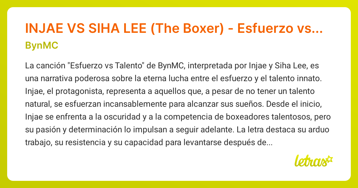 Significado de la canción INJAE VS SIHA LEE (The Boxer) - Esfuerzo vs ...
