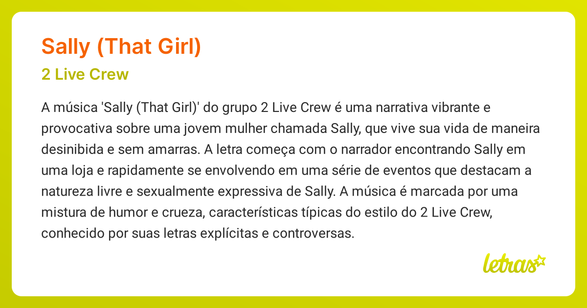 Significado da música SALLY (THAT GIRL) (2 Live Crew) - LETRAS.MUS.BR