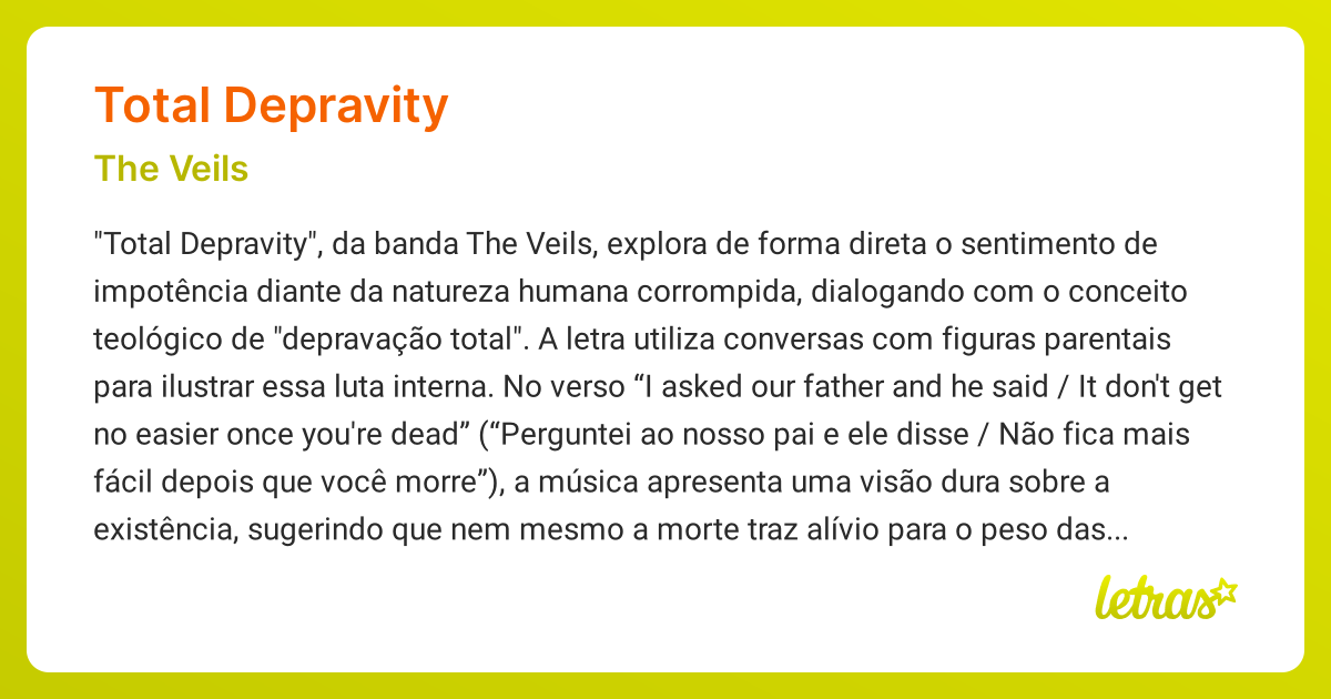 Significado da música TOTAL DEPRAVITY (The Veils) - LETRAS.MUS.BR