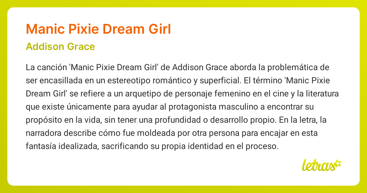 Significado de la canción MANIC PIXIE DREAM GIRL (Addison Grace) - LETRAS.COM