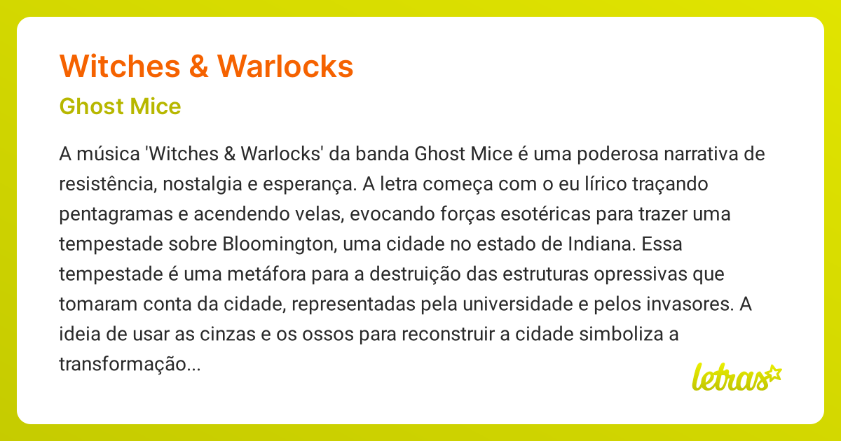 Significado da música WITCHES & WARLOCKS (Ghost Mice) - LETRAS.MUS.BR