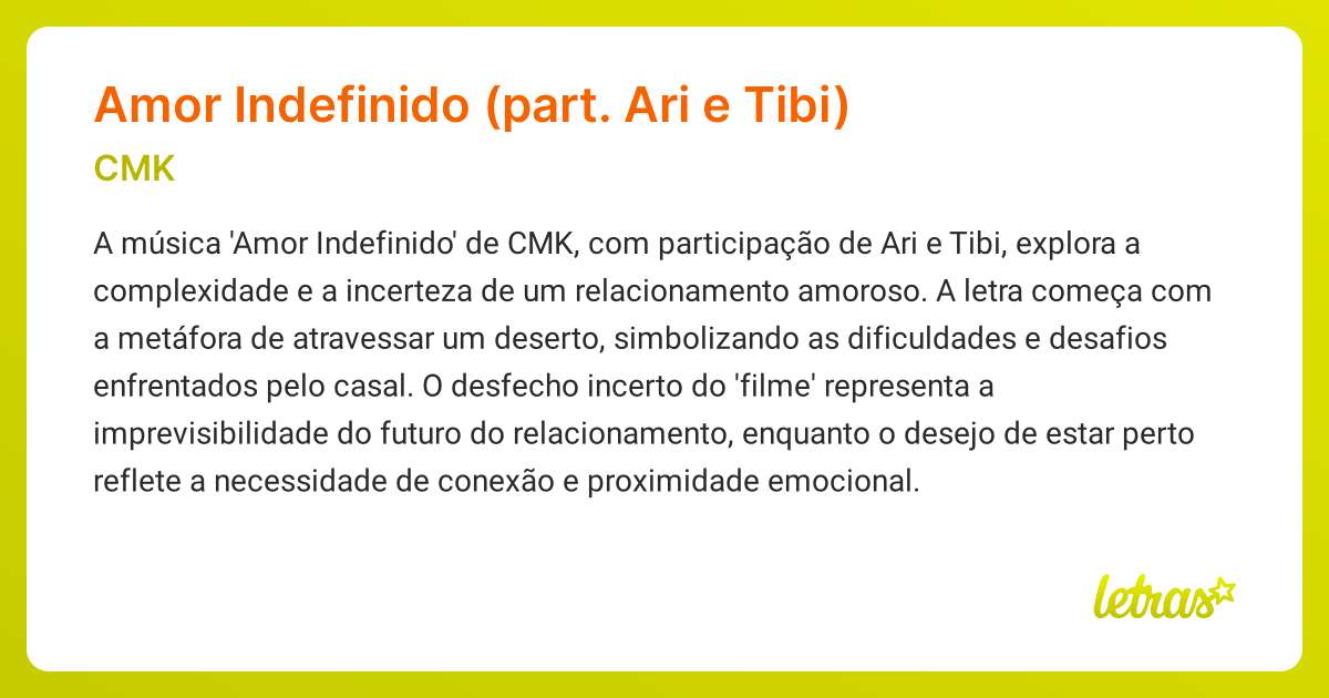 Significado da música Amor Indefinido (part. Ari e Tibi) (CMK) - LETRAS ...