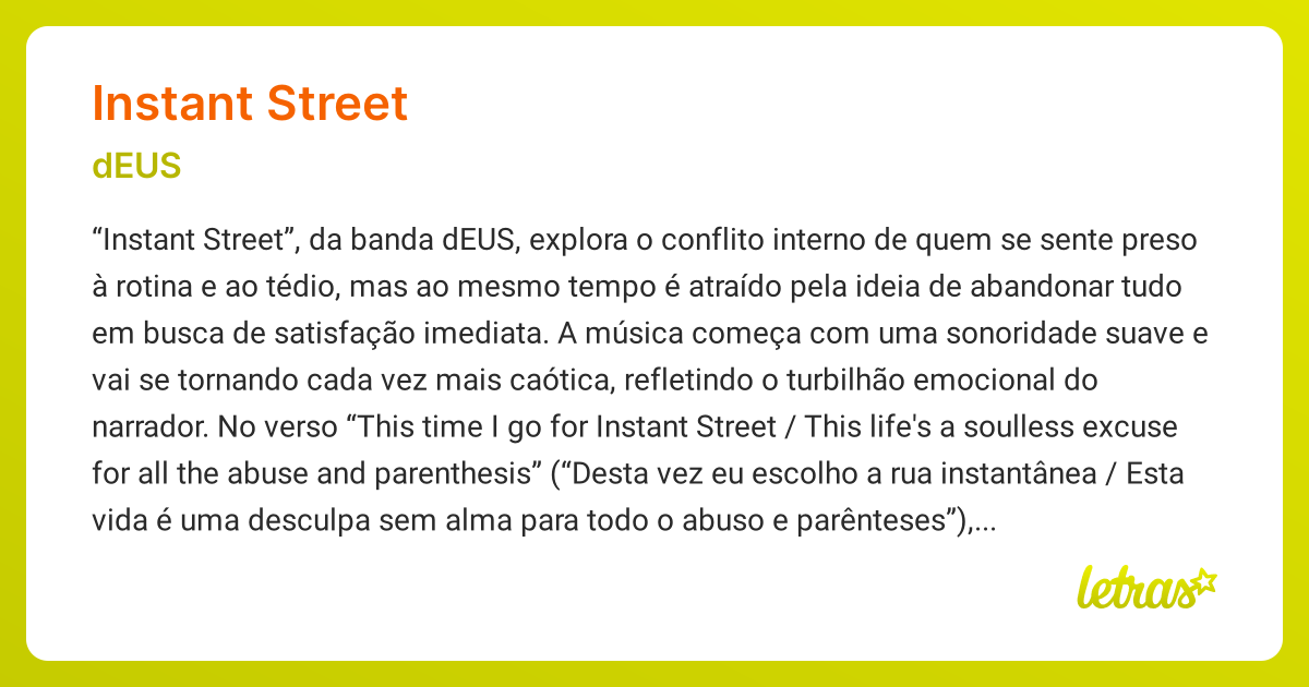 Significado da música INSTANT STREET (dEUS) - LETRAS.MUS.BR