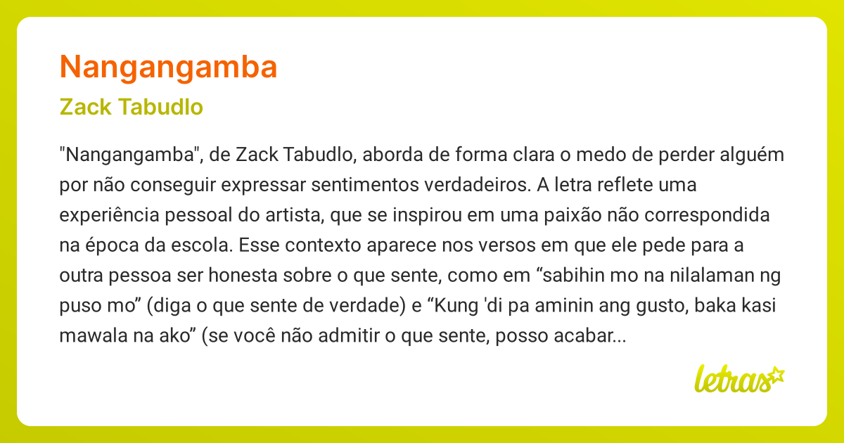 Significado da música NANGANGAMBA (Zack Tabudlo) - LETRAS.MUS.BR