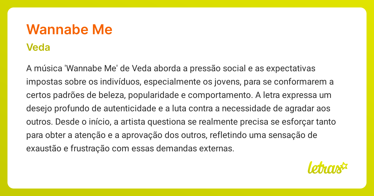 Significado da música WANNABE ME (Veda) - LETRAS.MUS.BR