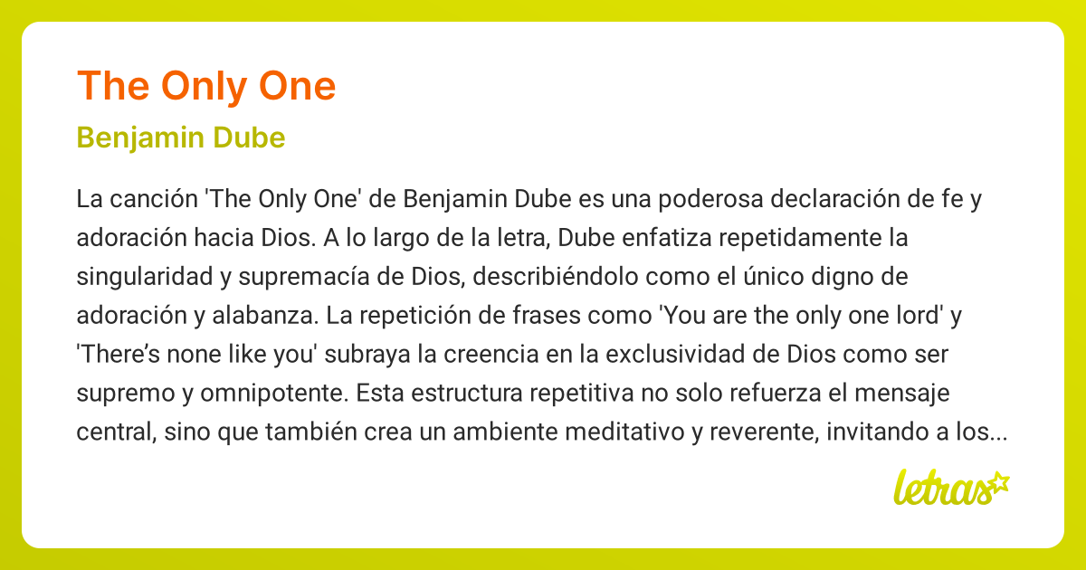 Significado de la canción THE ONLY ONE (Benjamin Dube) - LETRAS.COM