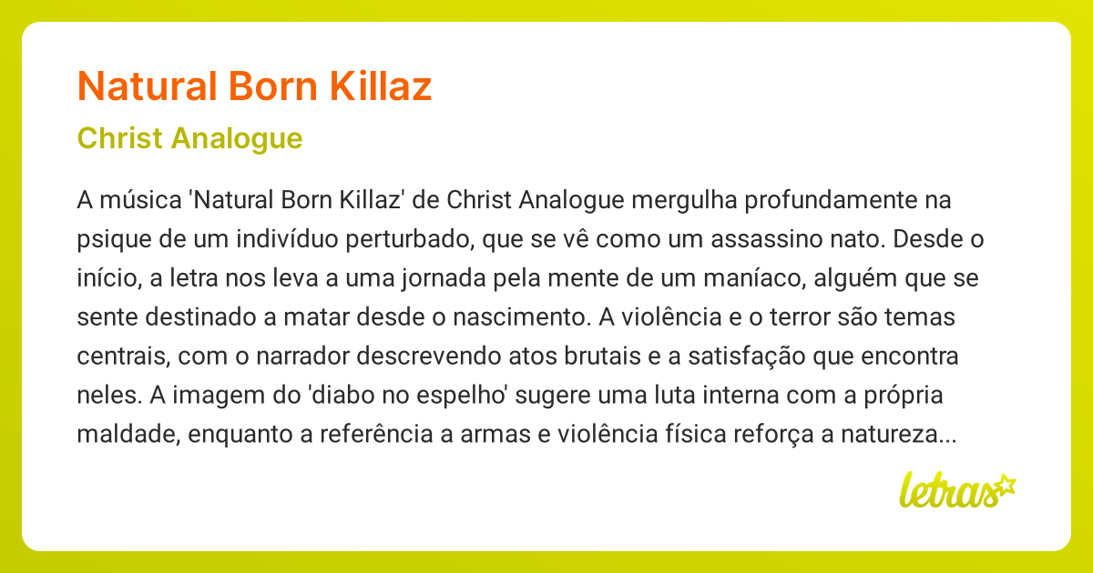 Significado da música NATURAL BORN KILLAZ (Christ Analogue) - LETRAS.MUS.BR