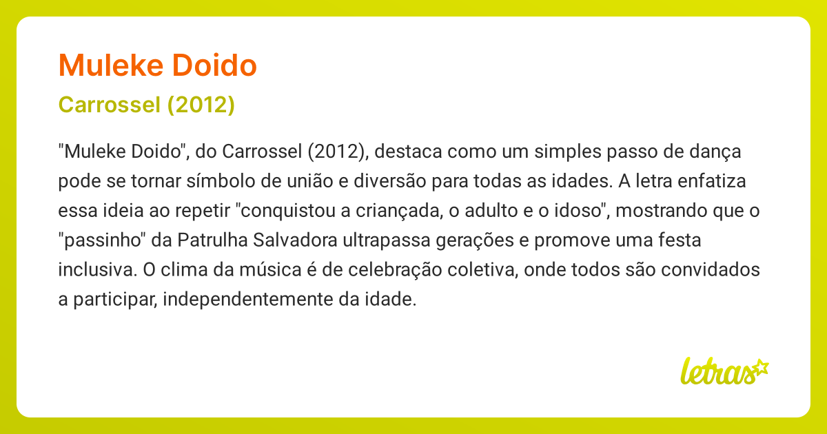 Significado da música MULEKE DOIDO (Carrossel (2012)) - LETRAS.MUS.BR