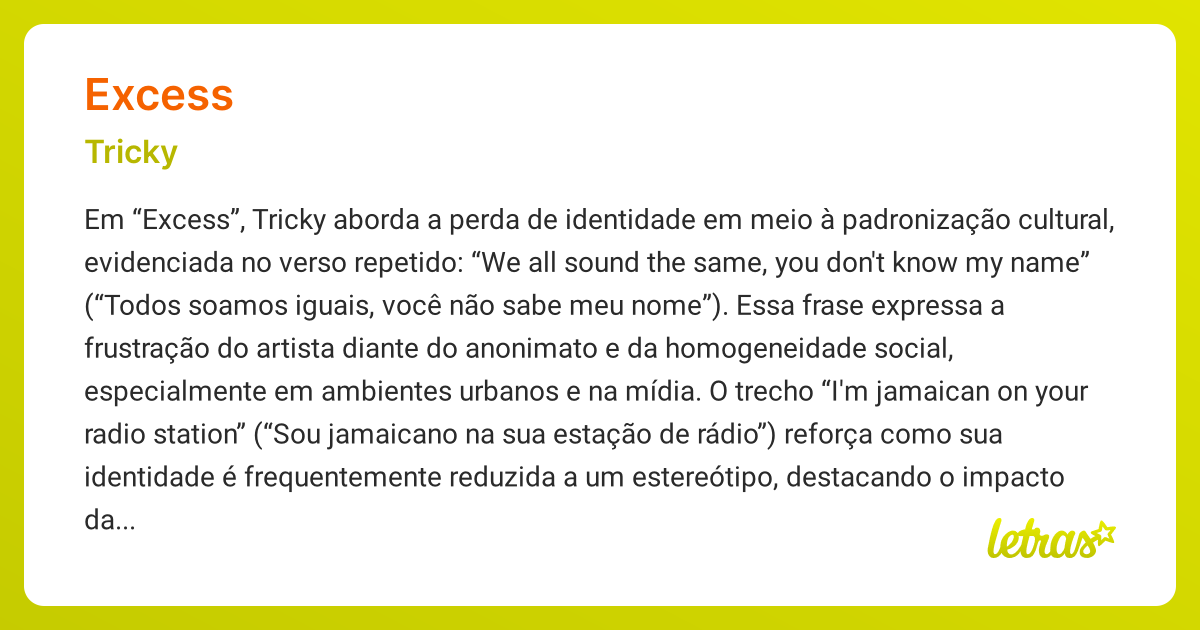 Significado da música EXCESS (Tricky) - LETRAS.MUS.BR
