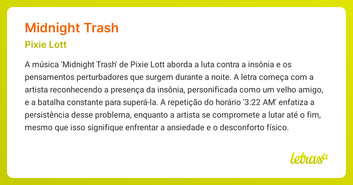Significado da música MIDNIGHT TRASH (Pixie Lott) - LETRAS.MUS.BR