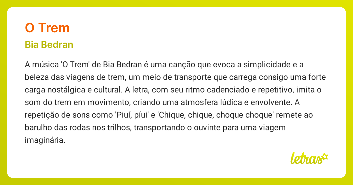 Significado da música O TREM (Bia Bedran) - LETRAS.MUS.BR