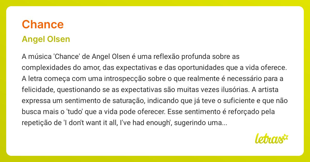 Significado da música CHANCE (Angel Olsen) - LETRAS.MUS.BR