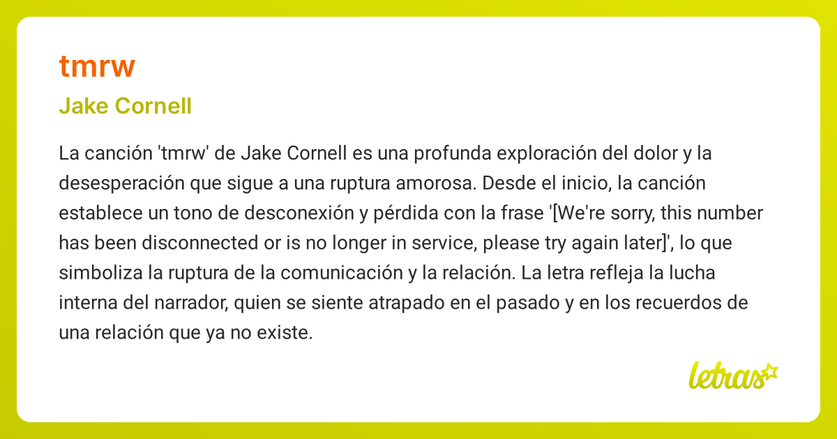 Significado de la canción TMRW (Jake Cornell) - LETRAS.COM