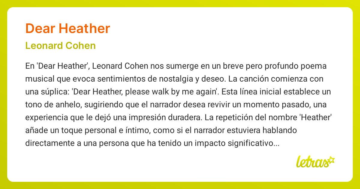 Significado de la canción DEAR HEATHER (Leonard Cohen) - LETRAS.COM