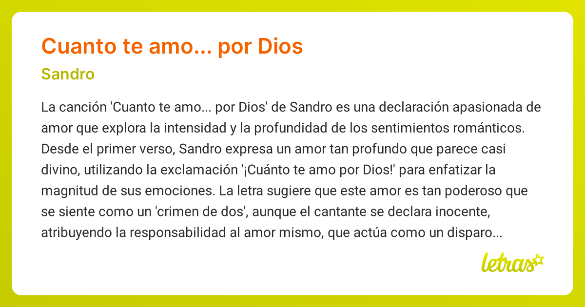 Significado de la canción CUANTO TE AMO... POR DIOS (Sandro) - LETRAS.COM