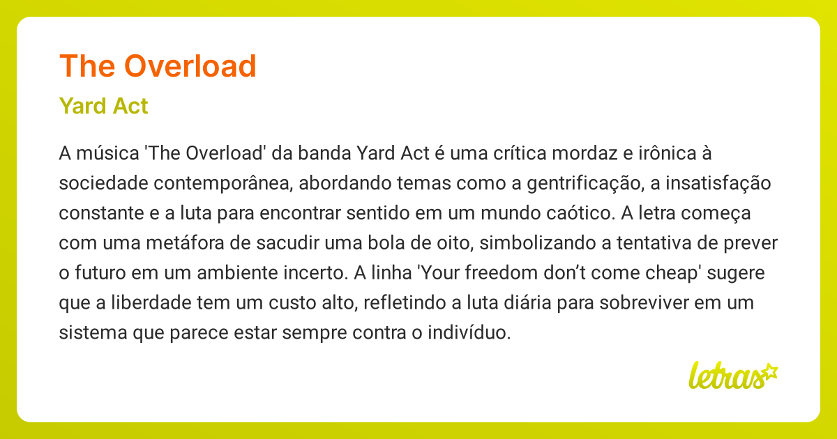 Significado da música THE OVERLOAD (Yard Act) - LETRAS.MUS.BR