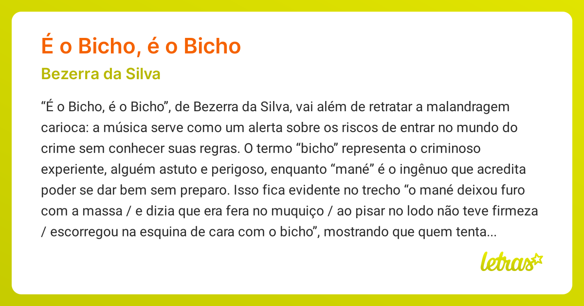 Significado da música É O BICHO, É O BICHO (Bezerra da Silva) - LETRAS ...