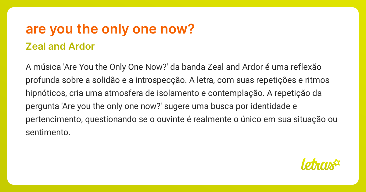 Significado da música ARE YOU THE ONLY ONE NOW? (Zeal and Ardor ...