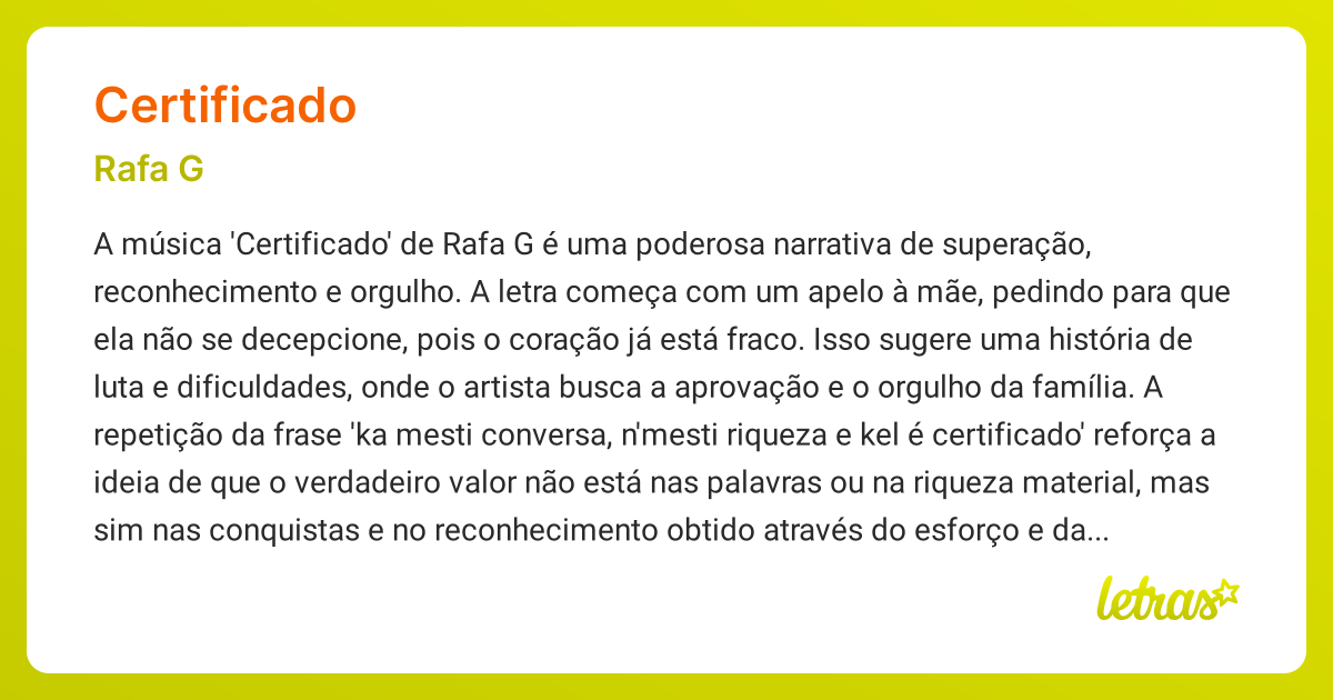 Significado da música CERTIFICADO (Rafa G) - LETRAS.MUS.BR