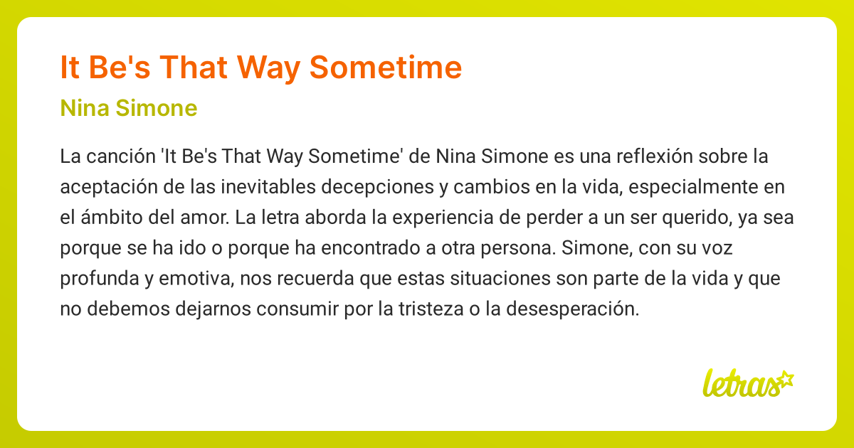 Significado de la canción IT BE'S THAT WAY SOMETIME (Nina Simone ...