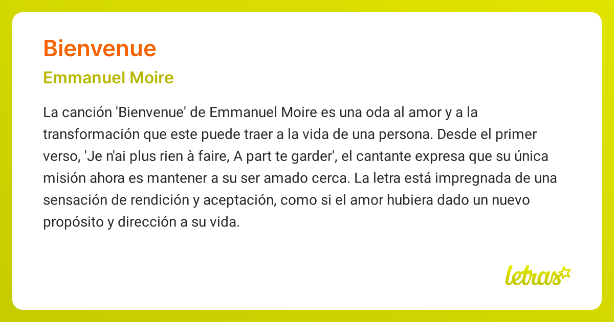 Significado de la canción BIENVENUE (Emmanuel Moire) - LETRAS.COM