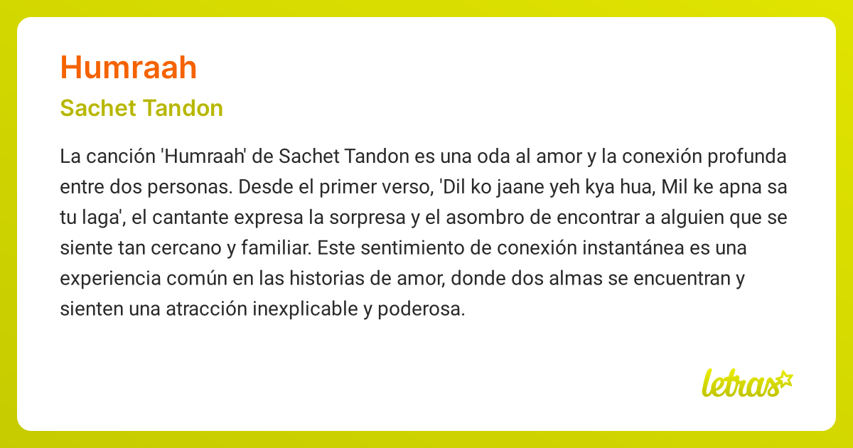 Significado de la canción HUMRAAH (Sachet Tandon) - LETRAS.COM