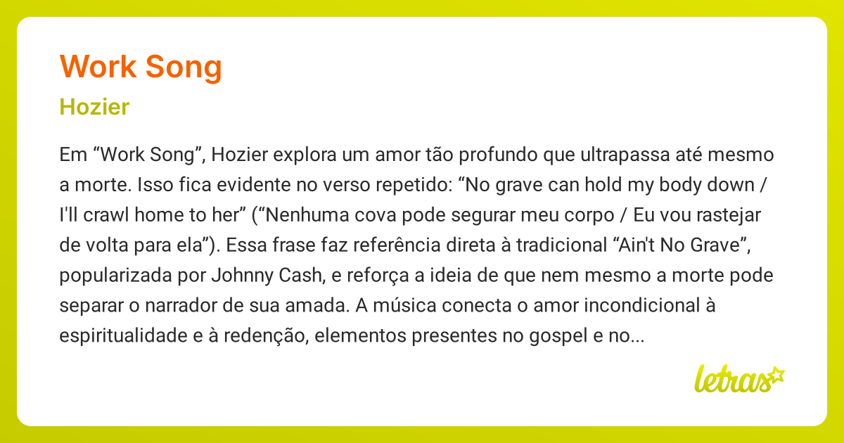 Significado da música WORK SONG (Hozier) - LETRAS.MUS.BR