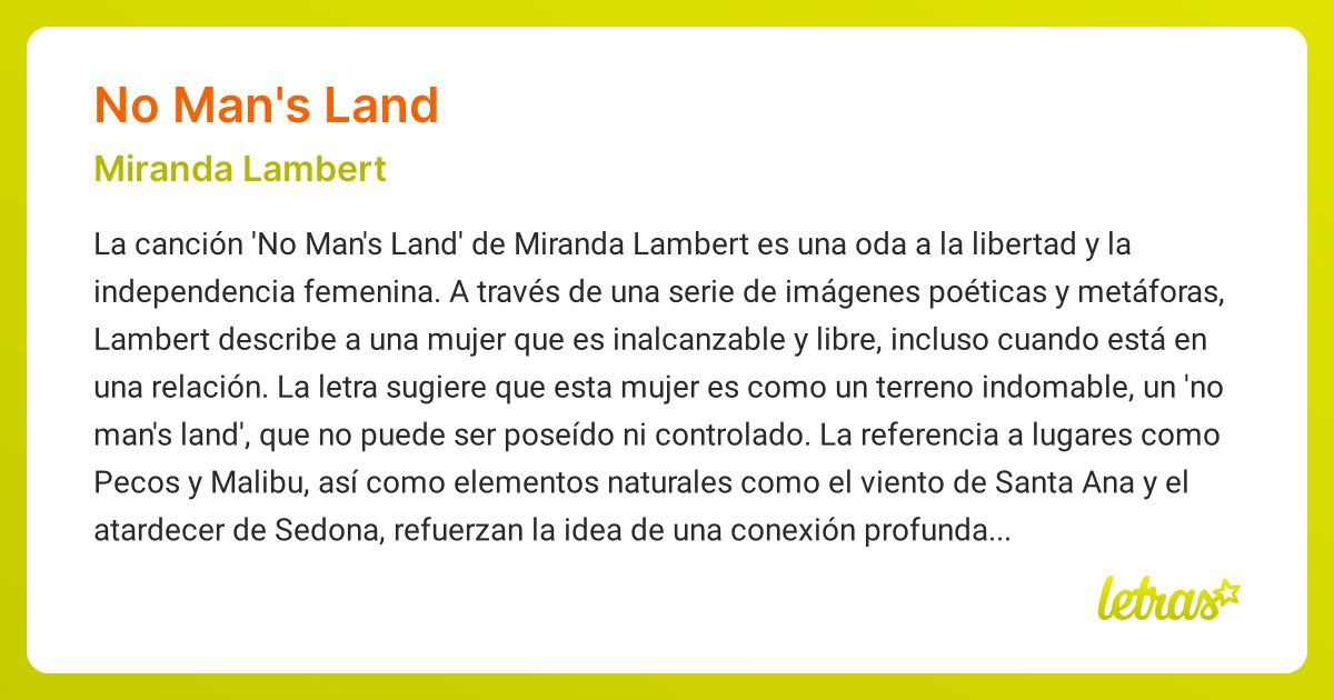 Significado de la canción NO MAN'S LAND (Miranda Lambert) - LETRAS.COM