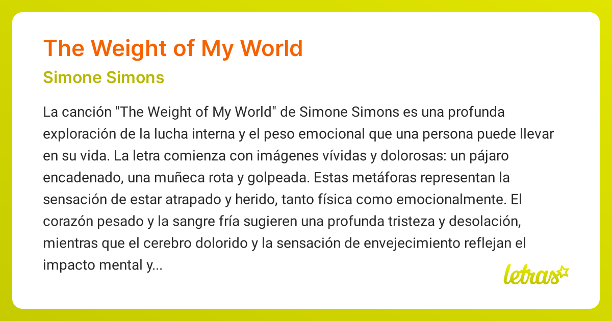 Significado de la canción THE WEIGHT OF MY WORLD (Simone Simons ...