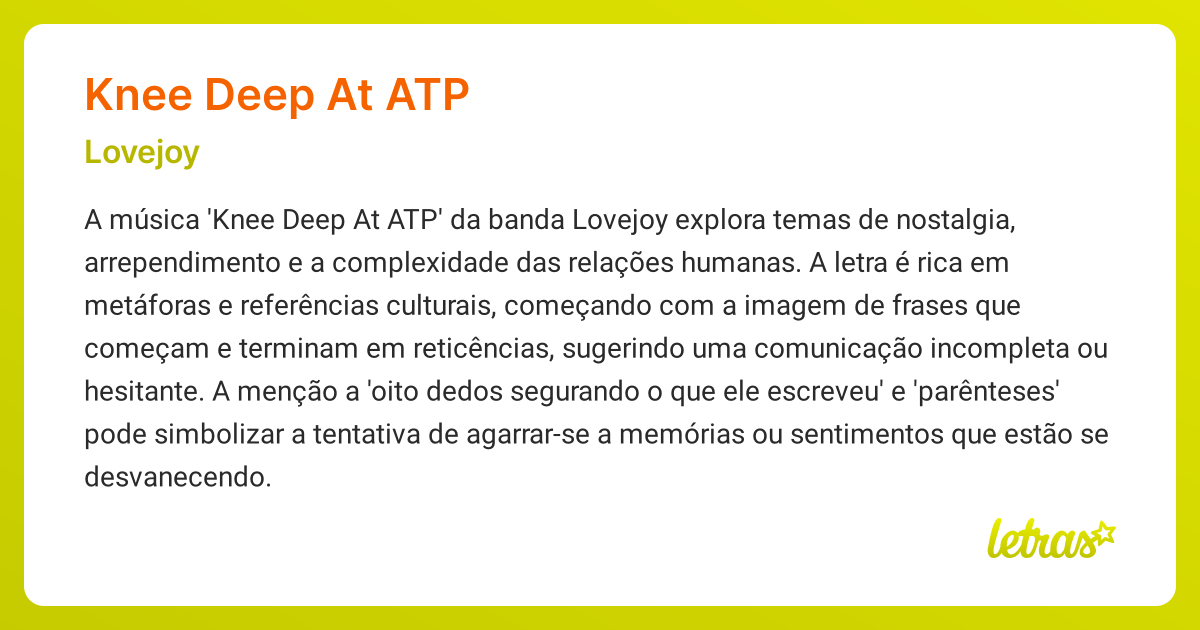 Significado da música KNEE DEEP AT ATP (Lovejoy) - LETRAS.MUS.BR