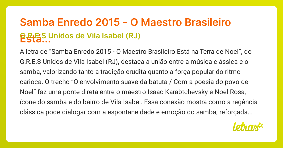 Significado da música Samba Enredo 2015 - O Maestro Brasileiro Está na ...