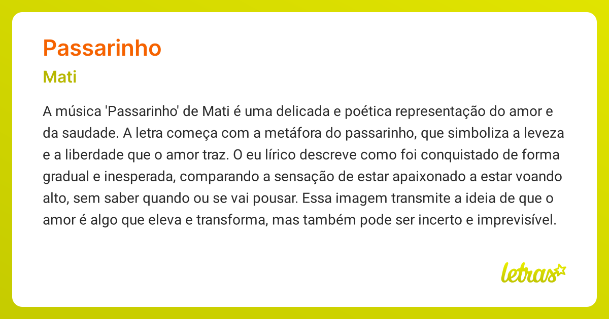 Significado da música PASSARINHO (Mati) - LETRAS.MUS.BR