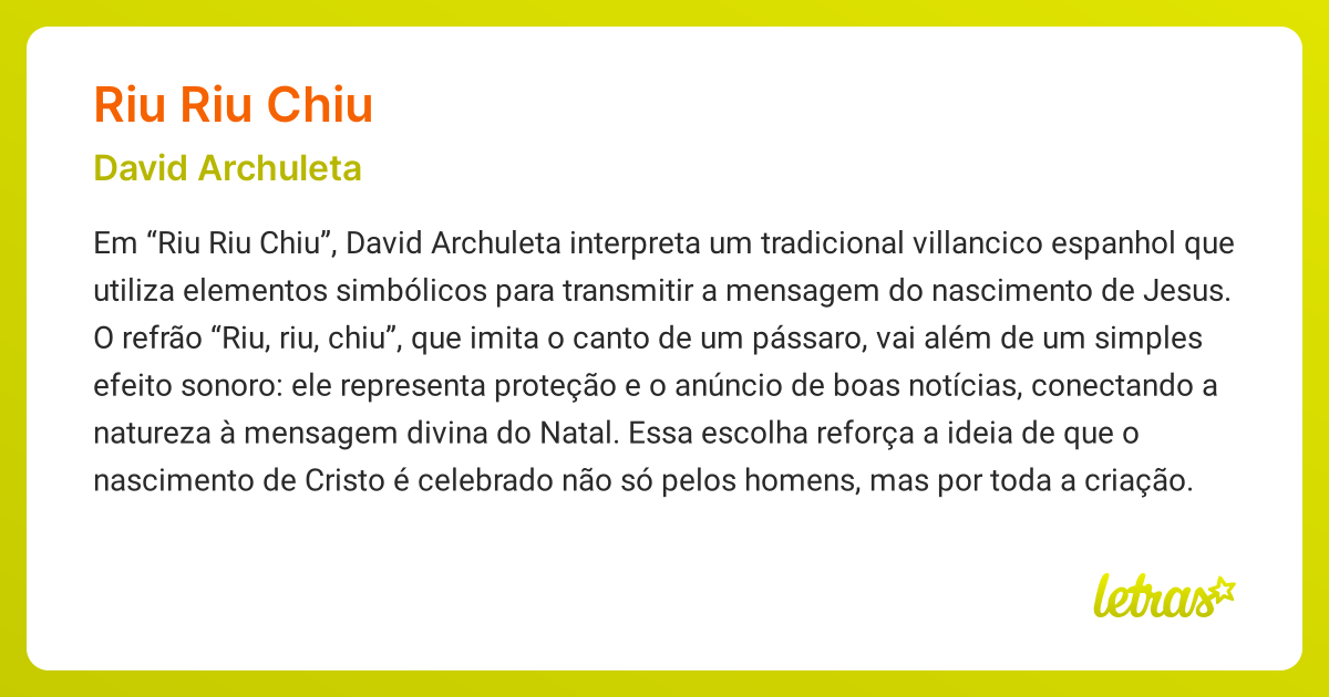Significado da música RIU RIU CHIU (David Archuleta) - LETRAS.MUS.BR