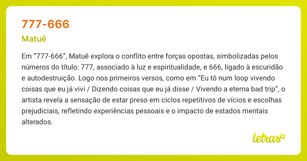 Significado da música 777-666 (Matuê) - LETRAS.MUS.BR