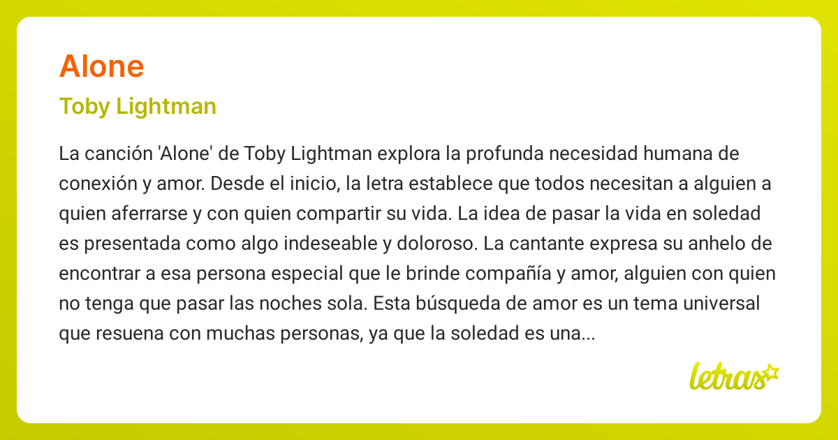 Significado de la canción ALONE (Toby Lightman) - LETRAS.COM