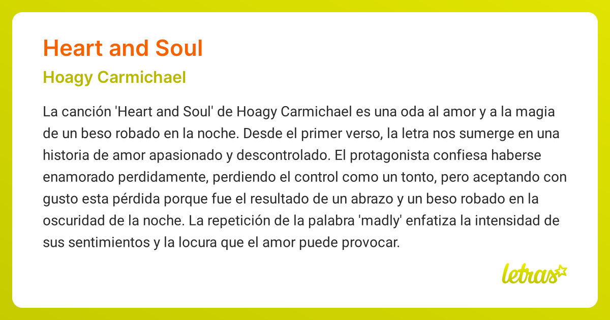 Significado de la canción HEART AND SOUL (Hoagy Carmichael) - LETRAS.COM