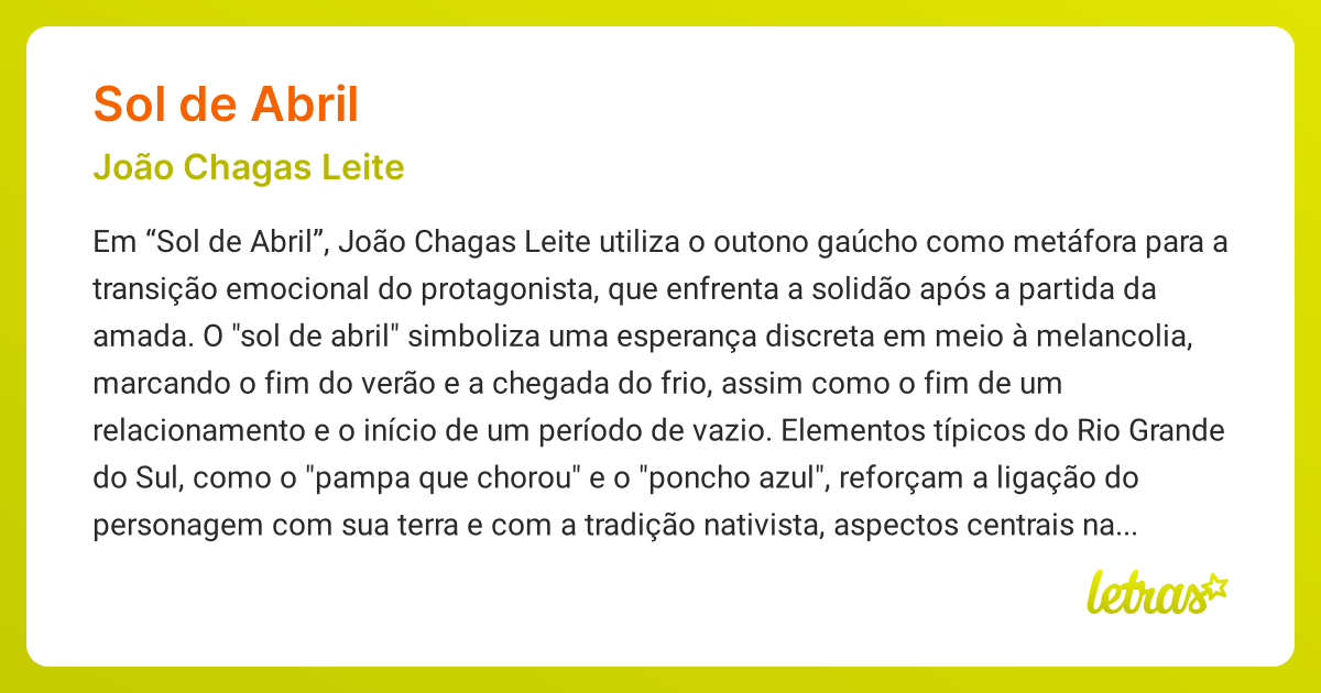 Significado da música SOL DE ABRIL (João Chagas Leite) - LETRAS.MUS.BR