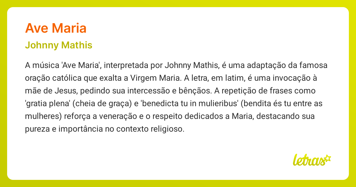 Significado da música AVE MARIA (Johnny Mathis) - LETRAS.MUS.BR