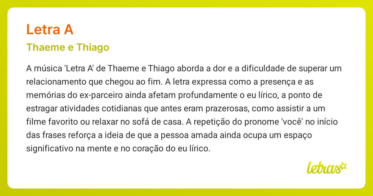 Significado da música LETRA A (Thaeme e Thiago) - LETRAS.MUS.BR