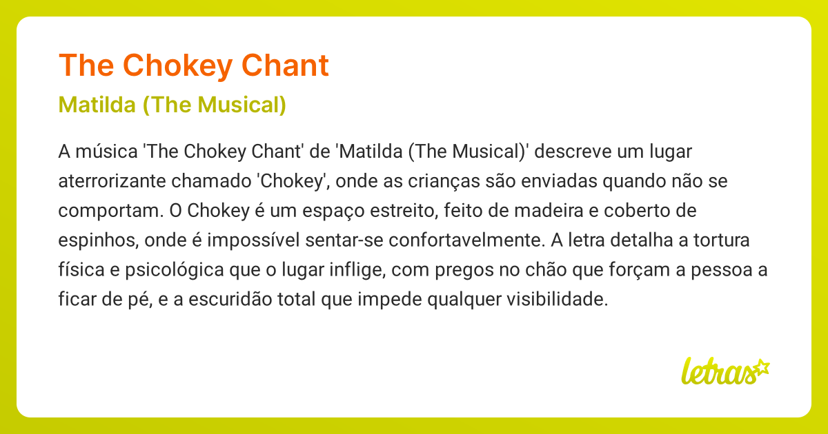 Significado da música THE CHOKEY CHANT (Matilda (The Musical)) - LETRAS ...