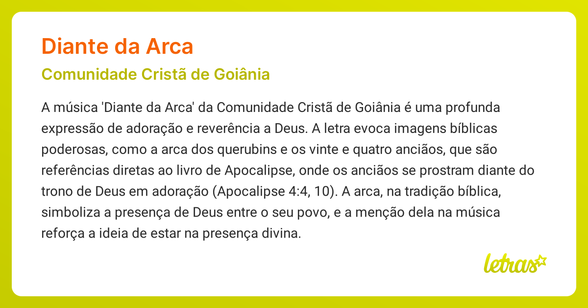 Significado da música DIANTE DA ARCA (Comunidade Cristã de Goiânia ...