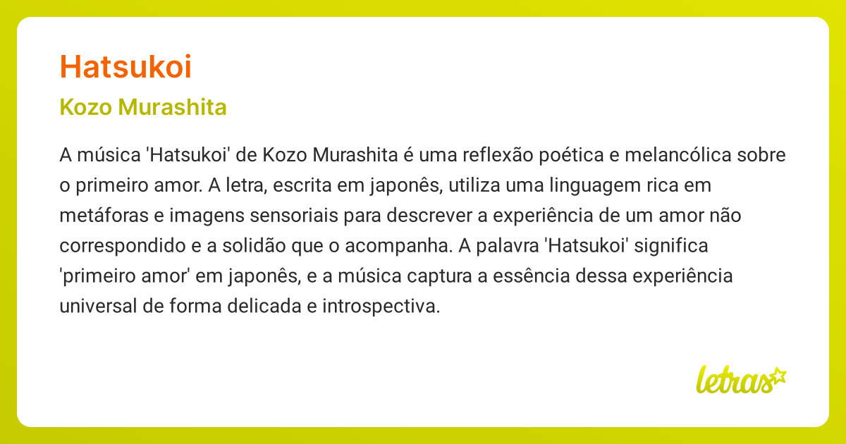 Significado da música HATSUKOI (Kozo Murashita) - LETRAS.MUS.BR