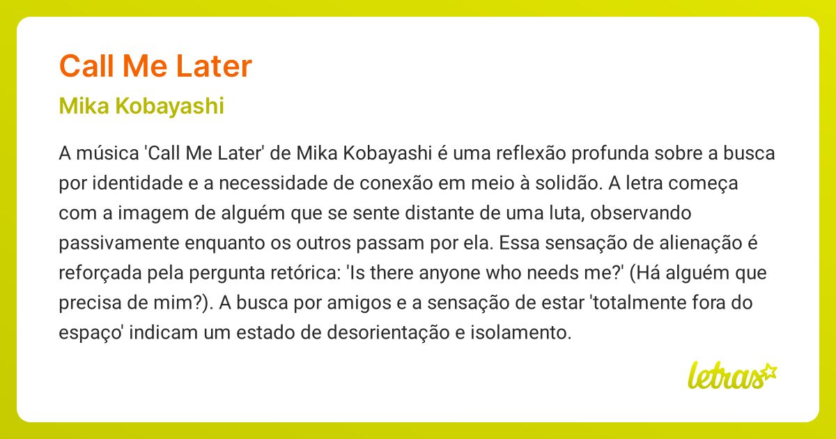 Significado da música CALL ME LATER (Mika Kobayashi) - LETRAS.MUS.BR