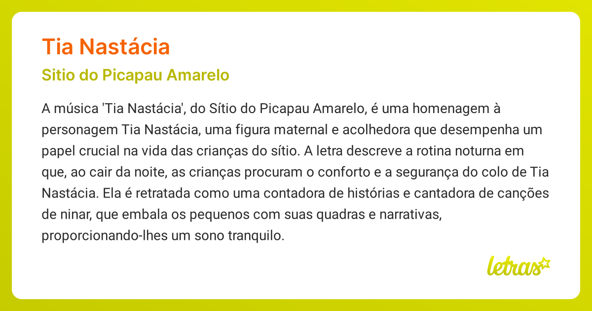 Significado da música TIA NASTÁCIA (Sitio do Picapau Amarelo) - LETRAS.MUS.BR