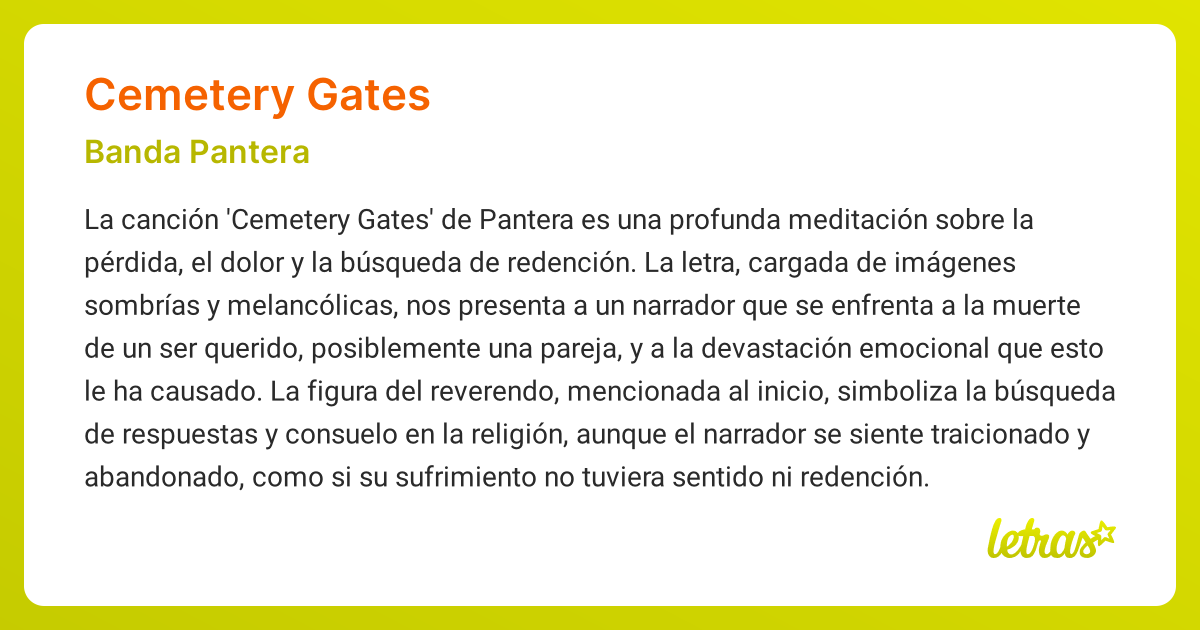 Significado de la canción CEMETERY GATES (Banda Pantera) - LETRAS.COM