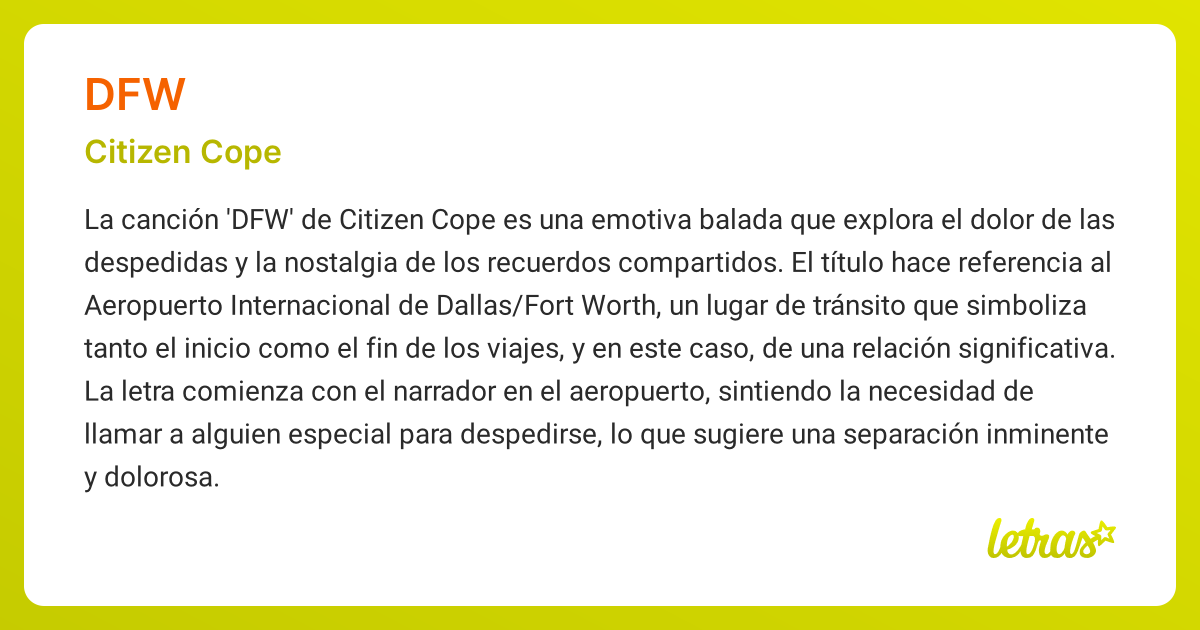 Significado de la canción DFW (Citizen Cope) - LETRAS.COM
