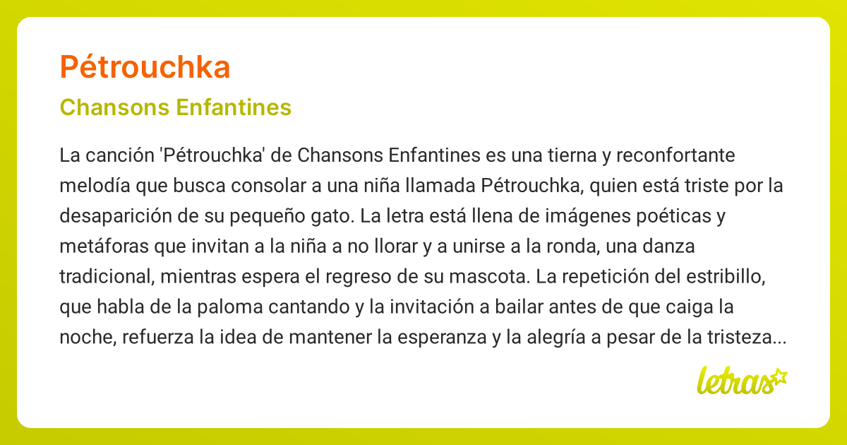 Significado de la canción PÉTROUCHKA (Chansons Enfantines) - LETRAS.COM